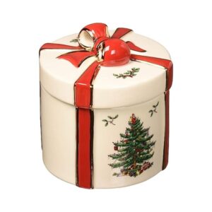 spode christmas tree gift box figurine, 4" christmas centerpiece with red ribbon & gold trim - fine earthenware for holiday home decor, festive table collectible & winter (small)