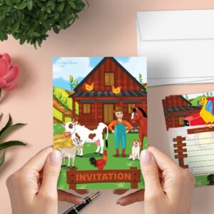 Leigha Marina Farm Animals Party Invitation Cards for Kids, 20 Invites & 20 Envelopes - Fill in the Blank Greeting Notes - Multi-Use, Birthday, Themed Celebration