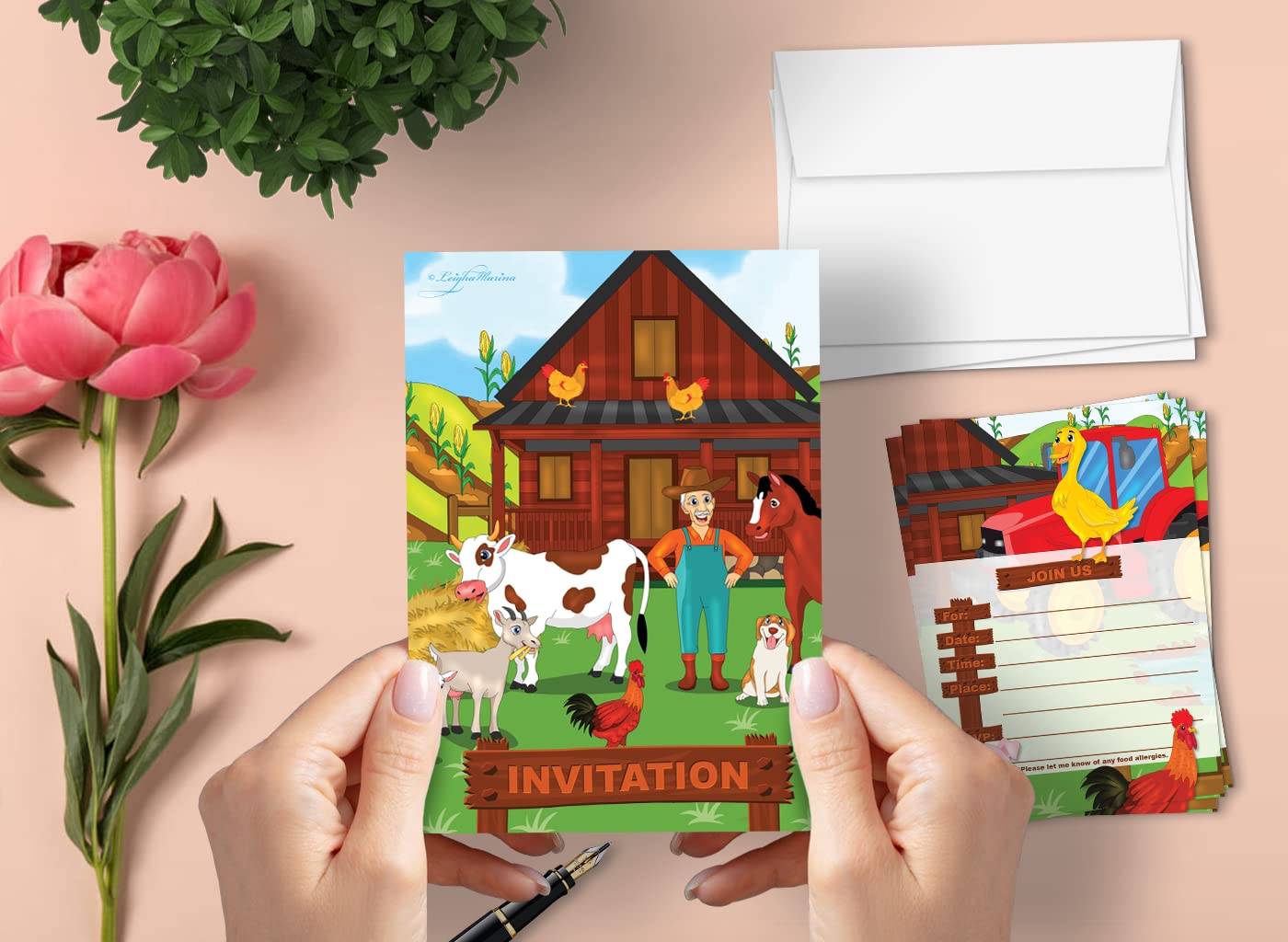 Leigha Marina Farm Animals Party Invitation Cards for Kids, 20 Invites & 20 Envelopes - Fill in the Blank Greeting Notes - Multi-Use, Birthday, Themed Celebration