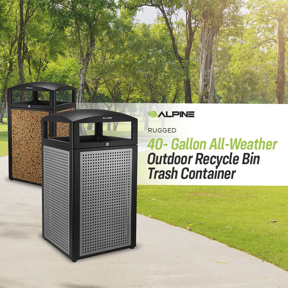 Alpine Industries Rugged 40-Gallon All-Weather Outdoor Recycle Bin Trash Can Container (Without Ash Tray, Steel Panels)