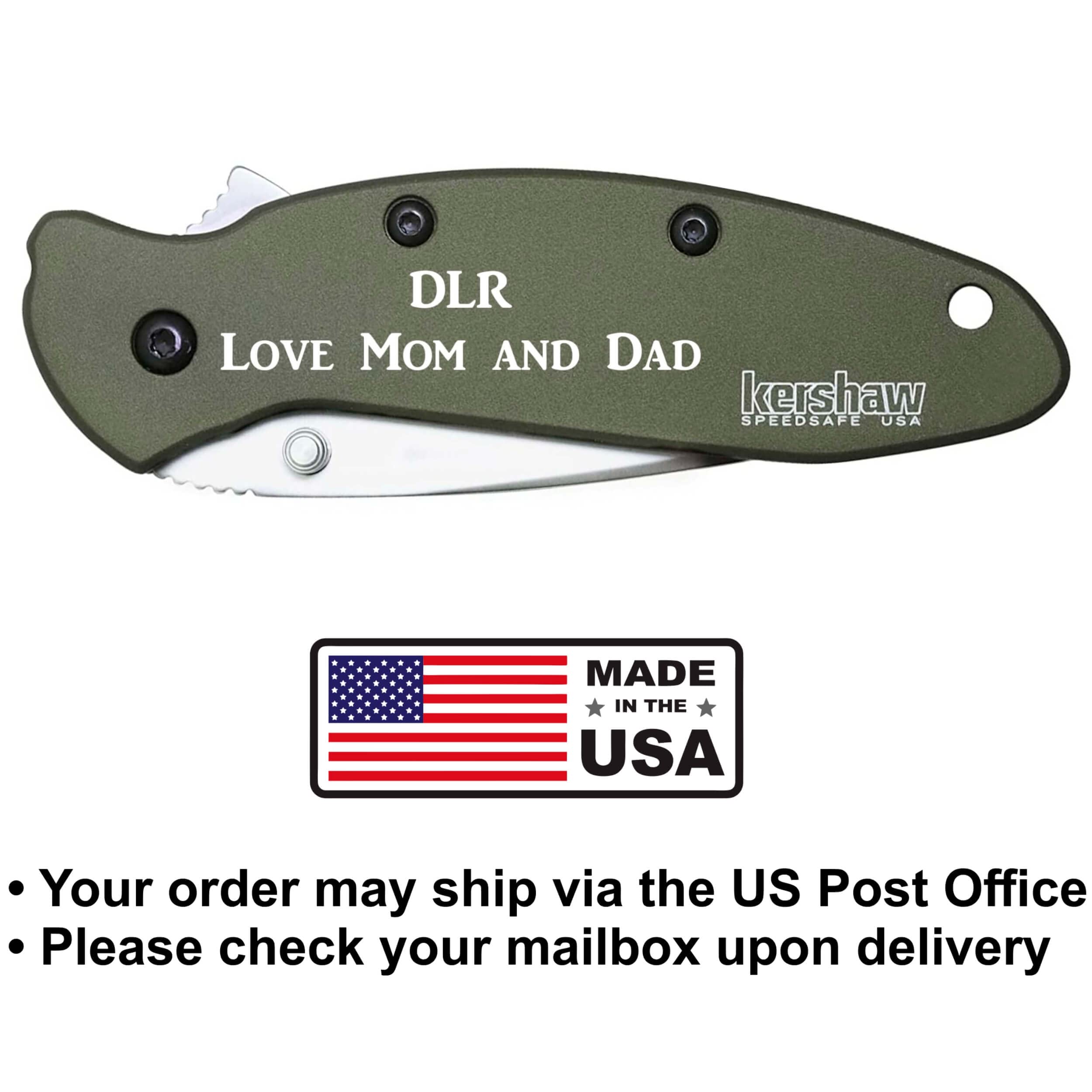 Palmetto Wood Shop - Engraved Kershaw Scallion 1620OL Pocket Knife Gift for Men, Folding Knife for Hunting, Fishing, Camping, Everyday Carry - 2.25-inch Stainless Steel Blade, 3.5-inch Aluminum Handle