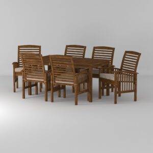 Walker Edison Rendezvous Modern 7 Piece Solid Acacia Wood Outdoor Dining Set, Set of 7, Dark Brown