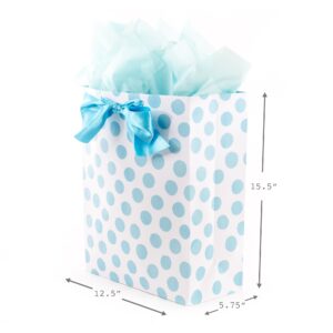 Hallmark 15" Extra Large Gift Bag with Tissue Paper - Blue Polka Dots and Bow for Baby Showers, Birthdays, Bridal Showers and More