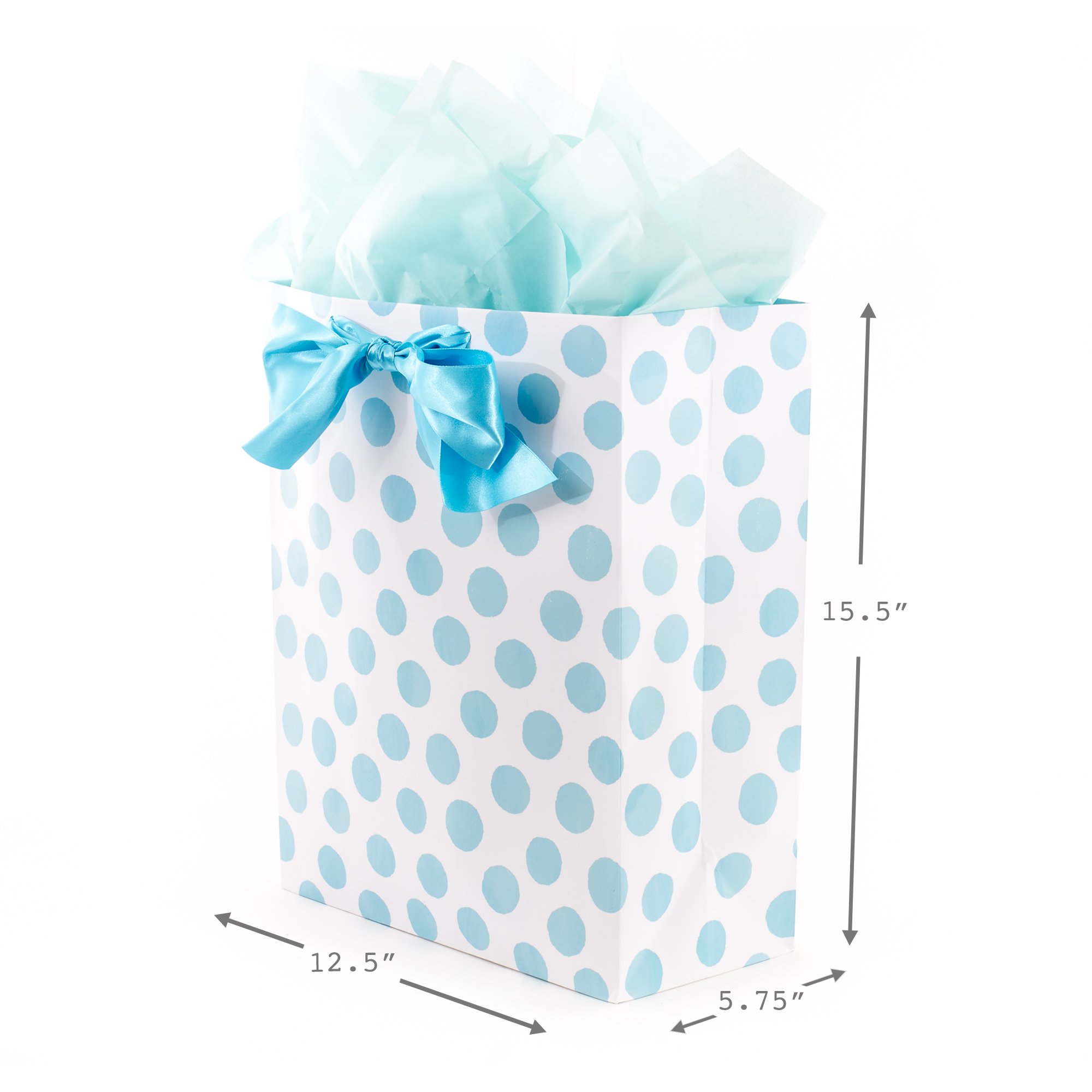 Hallmark 15" Extra Large Gift Bag with Tissue Paper - Blue Polka Dots and Bow for Baby Showers, Birthdays, Bridal Showers and More