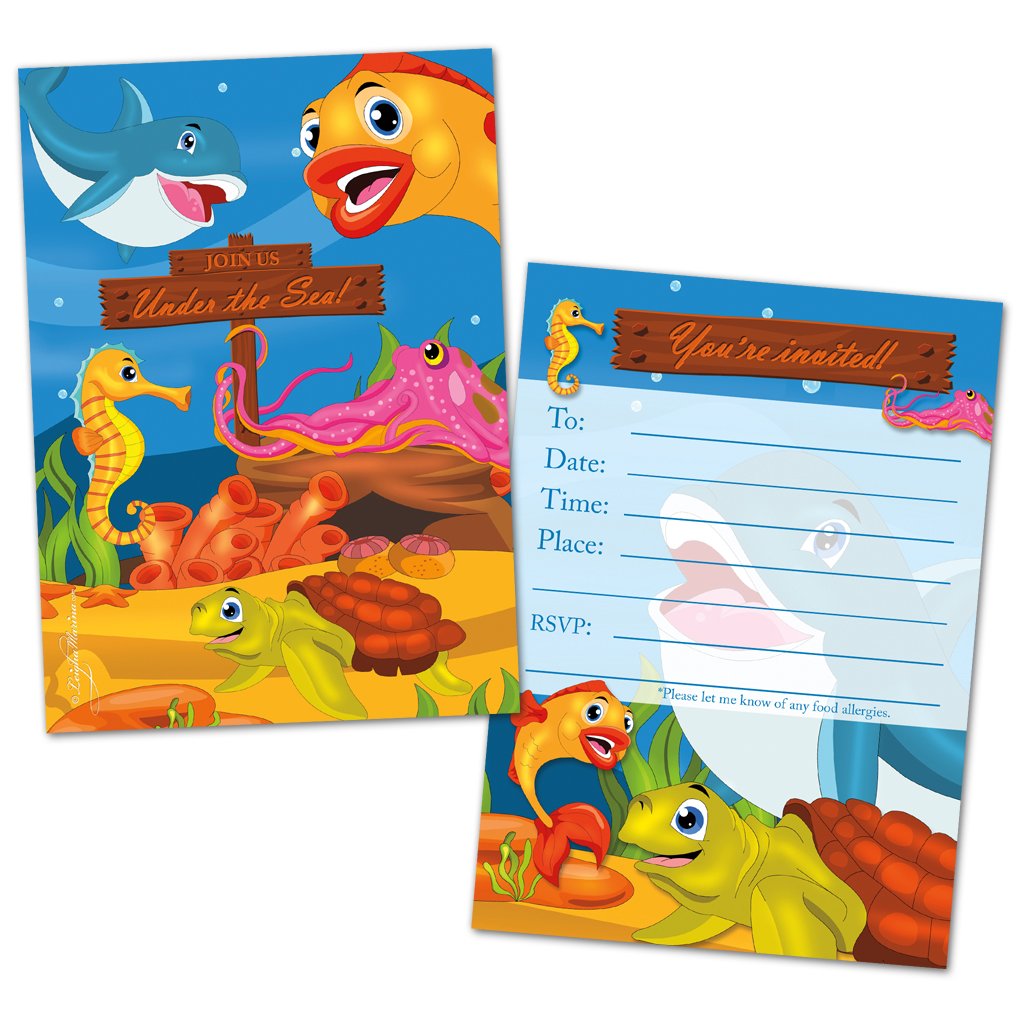 Leigha Marina Under the Sea Party Invitation Cards for Kids, 20 Invites & 20 Envelopes - fill-in-the-blank style Greeting Notes - Multi-Use, Birthday, Themed Celebration