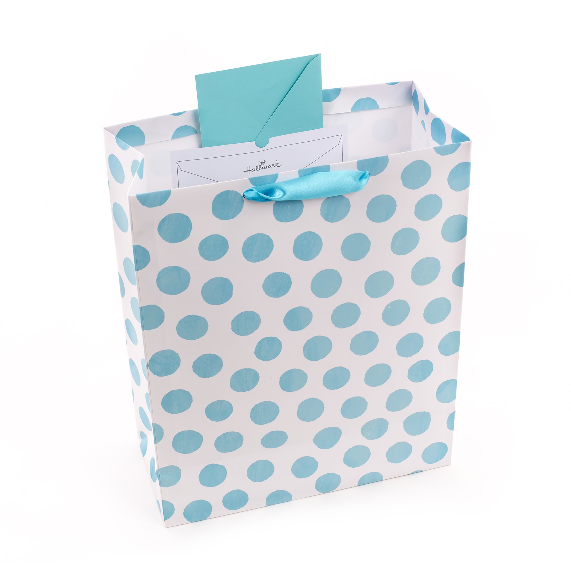 Hallmark 15" Extra Large Gift Bag with Tissue Paper - Blue Polka Dots and Bow for Baby Showers, Birthdays, Bridal Showers and More