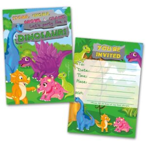 leigha marina dinosaurs party invitation cards for kids, 20 invites & 20 envelopes - fill in the blank greeting notes - multi-use, birthday, themed celebration