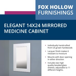 Fox Hollow Furnishings 14x24 Mirrored Medicine Cabinet - Concealed Wall Storage and Recessed Medicine Cabinet with Mirror, 3 Adjustable Shelves (Shaker White)