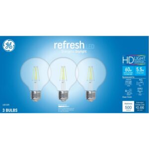 ge refresh led light bulbs, 60 watt, daylight, g25 globe bulbs, clear, medium base 3 count, (1 pack)