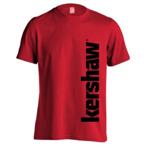 kershaw logo medium short sleeve tee shirt; basic red crew neck t-shirt made with 100% cotton; black logo vertical on side; tag-free neck label; pre-shrunk; unisex; multi-sized