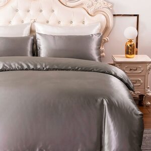 vagasi grey duvet cover set queen size 3 pieces - comforter cover super soft with 2 pillow shams - satin bedding set breathable & smooth with zipper closure