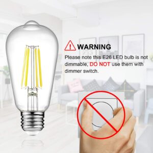 Ascher Vintage LED Edison Bulbs, 6W, Equivalent 60W, High Brightness Daylight White 4000K, ST58 Antique LED Filament Bulbs with 80+ CRI, E26 Medium Base, Non-Dimmable, Clear Glass, Pack of 6