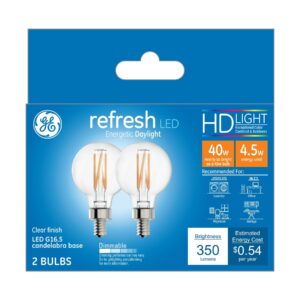 GE Refresh LED Light Bulbs, 40 Watt, Daylight, G16.5 Globe Bulbs, Small Base (2 Pack)