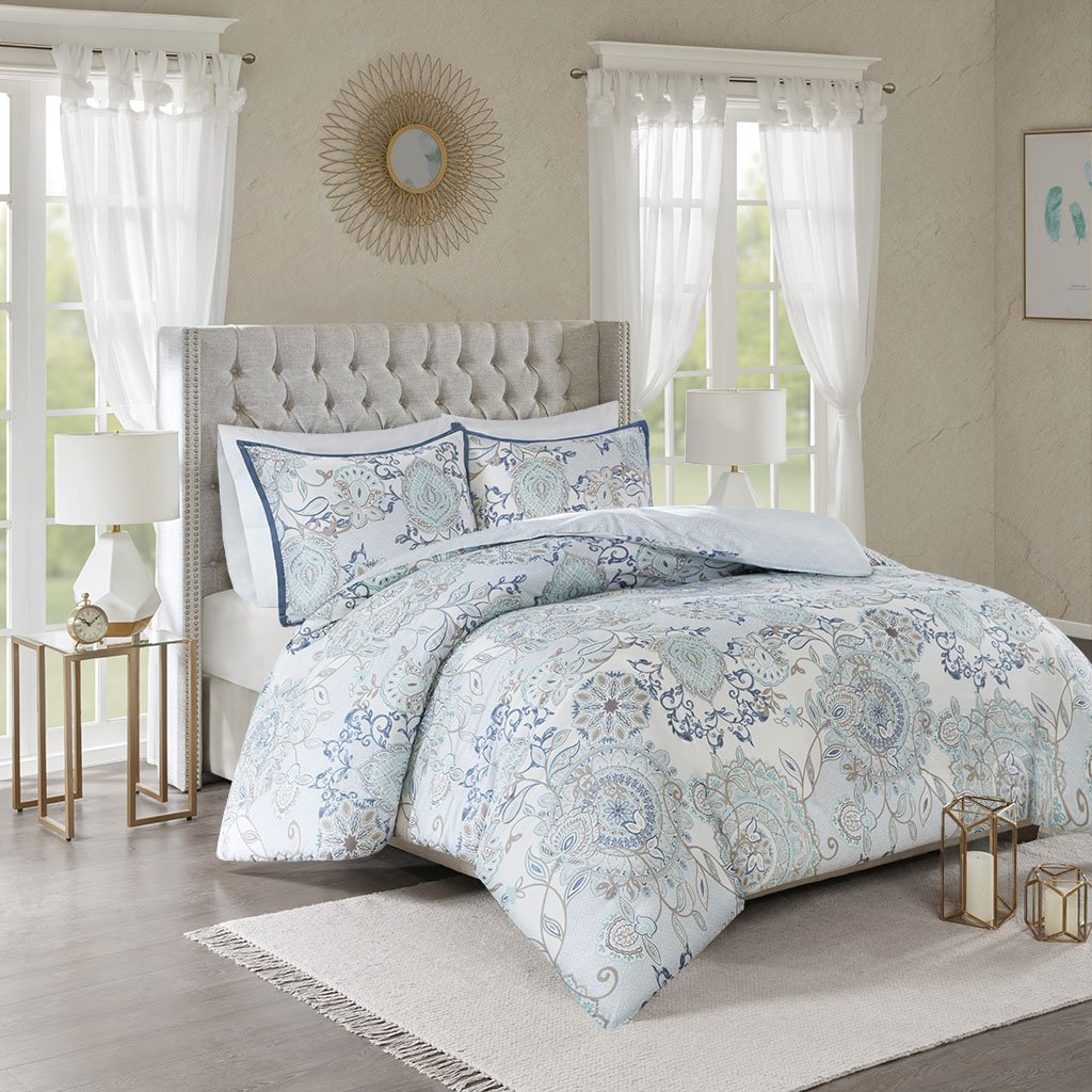 Madison Park Isla Reversible Cotton Duvet - Casual Medallion Floral to Damask Print Reverse, All Season Comforter Cover Bedding Set with Matching Shams, Blue King/Cal King(104"x92") 3 Piece