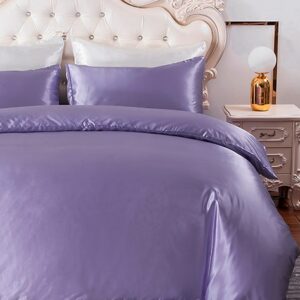 vagasi purple duvet cover set king size 3 pieces - comforter cover super soft with 2 pillow shams - satin bedding set breathable & smooth with zipper closure