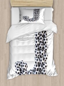 ambesonne letter j duvet cover set, soccer balls in the form of a letter futboll alphabet theme teamplay sports, decorative 2 piece bedding set with 1 pillow sham, twin size, black off white