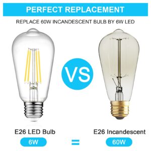 Ascher Vintage LED Edison Bulbs, 6W, Equivalent 60W, High Brightness Daylight White 4000K, ST58 Antique LED Filament Bulbs with 80+ CRI, E26 Medium Base, Non-Dimmable, Clear Glass, Pack of 6