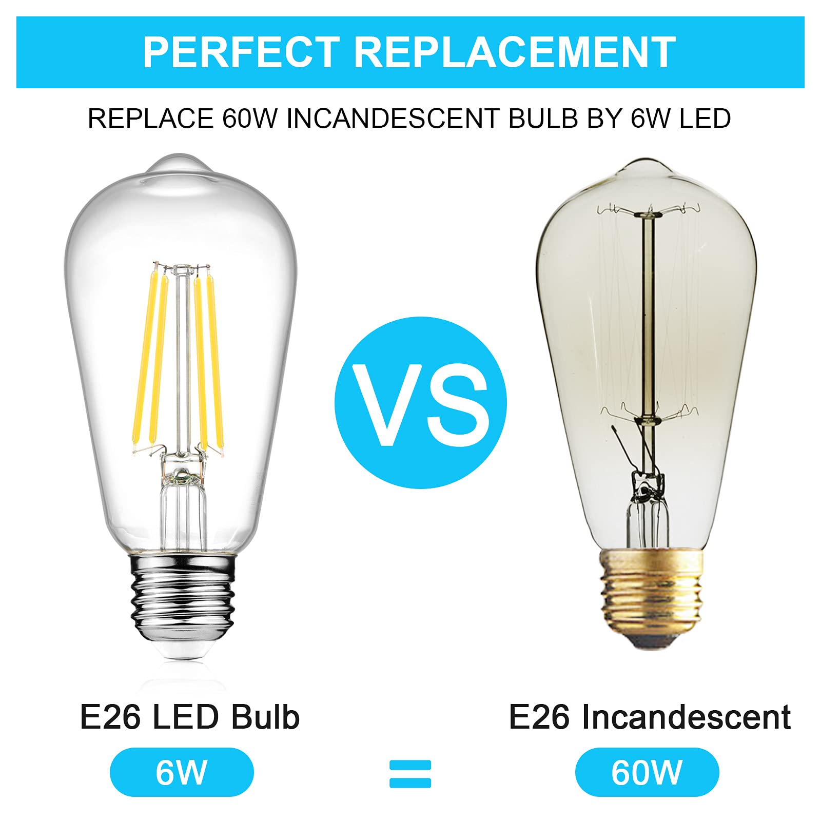 Ascher Vintage LED Edison Bulbs, 6W, Equivalent 60W, High Brightness Daylight White 4000K, ST58 Antique LED Filament Bulbs with 80+ CRI, E26 Medium Base, Non-Dimmable, Clear Glass, Pack of 6