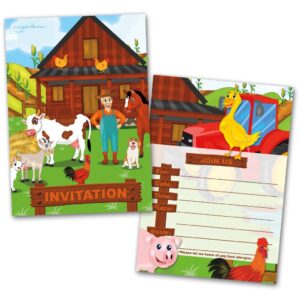 leigha marina farm animals party invitation cards for kids, 20 invites & 20 envelopes - fill in the blank greeting notes - multi-use, birthday, themed celebration