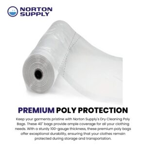 Norton Supply Dry Cleaning Poly Bags - Transparent Plastic Garment Cover, 40" Long, 100 Gauge Thickness, Suit Packing, Travel & Laundry Clothes Closet Hanging