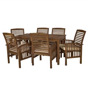 walker edison rendezvous modern 7 piece solid acacia wood outdoor dining set, set of 7, dark brown