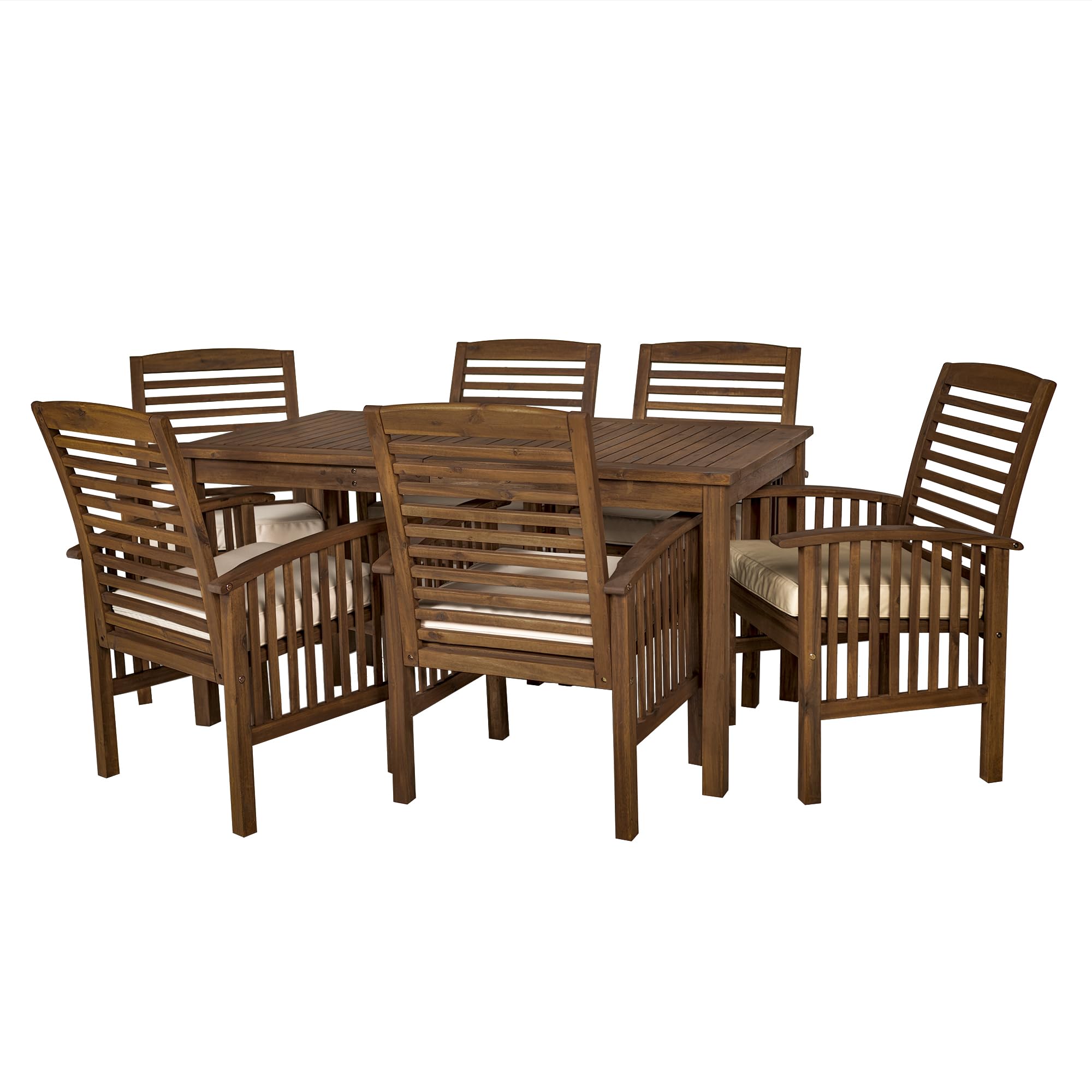 Walker Edison Rendezvous Modern 7 Piece Solid Acacia Wood Outdoor Dining Set, Set of 7, Dark Brown