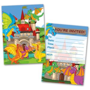 leigha marina dragons party invitation cards for kids, 20 invites & 20 envelopes - fill in the blank greeting notes - multi-use, birthday, themed celebration