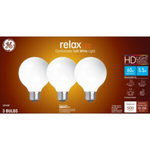 ge relax led light bulbs, 60 watt, soft white, g25 globe bulbs, frosted, medium base (3 pack)