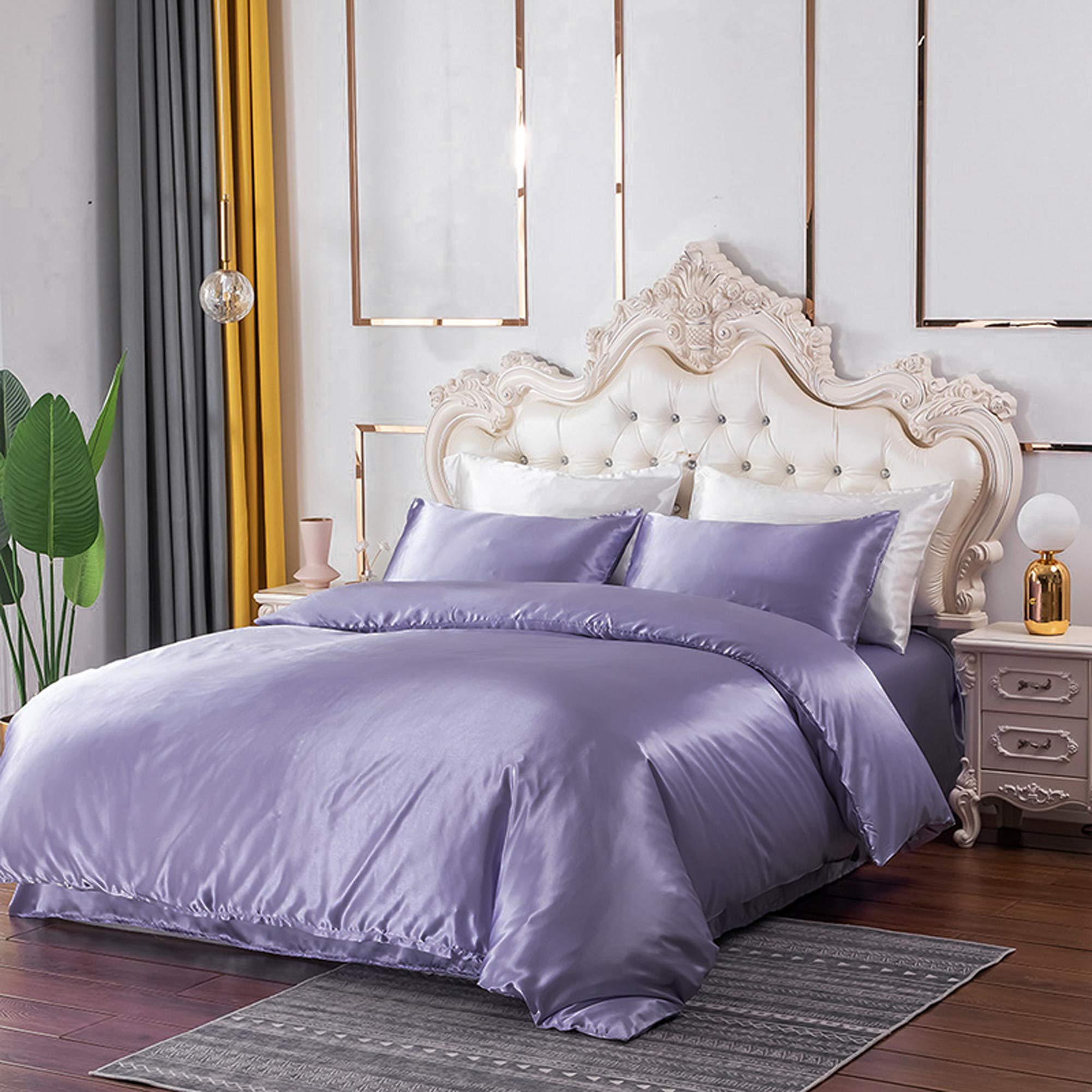 Vagasi Purple Duvet Cover Set King Size 3 Pieces - Comforter Cover Super Soft with 2 Pillow Shams - Satin Bedding Set Breathable & Smooth with Zipper Closure