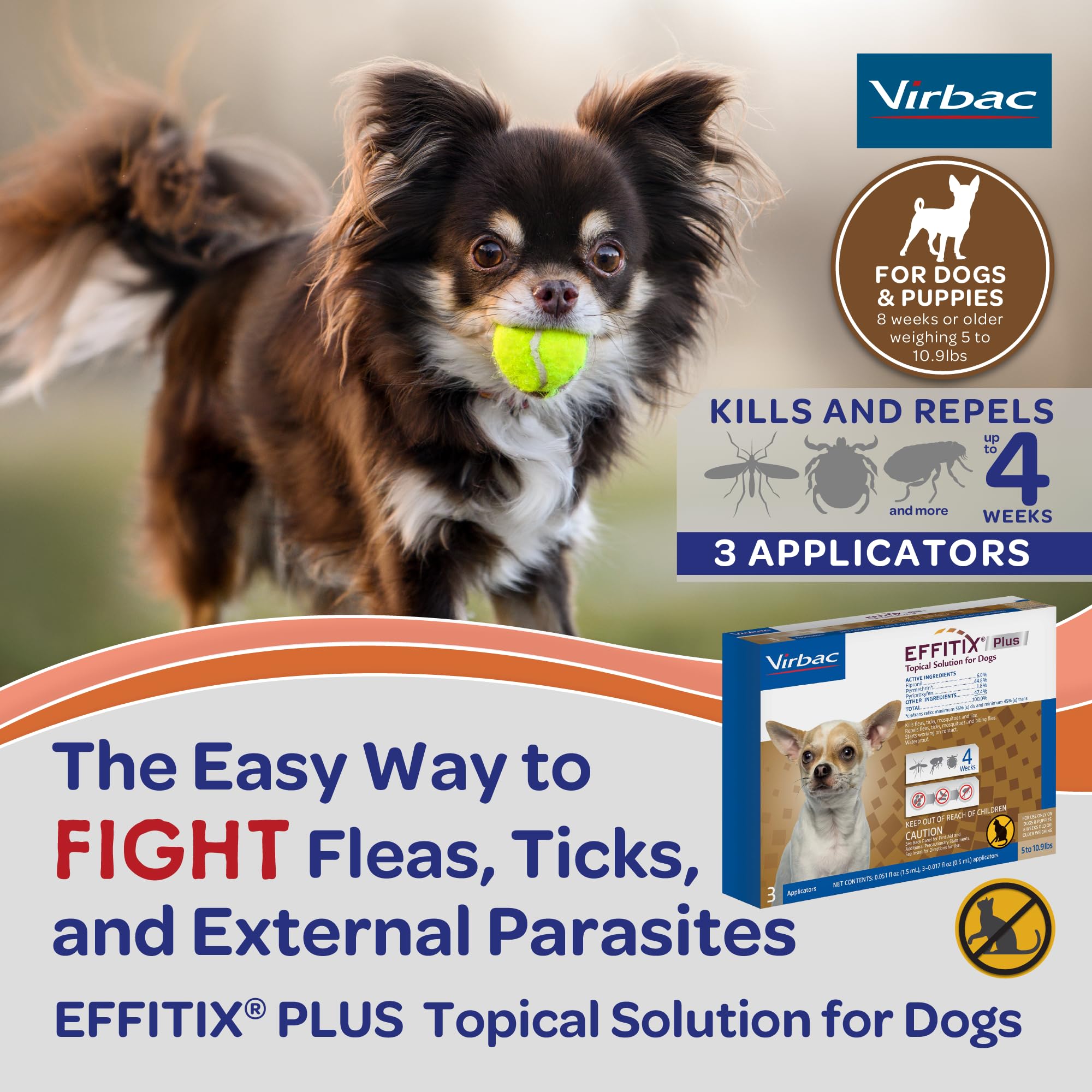 Effitix Plus Topical Solution for Dogs - Flea and Tick for Toy Dogs (5-10.9lbs), 3 Doses, Waterproof Topical Prevention (by Virbac)