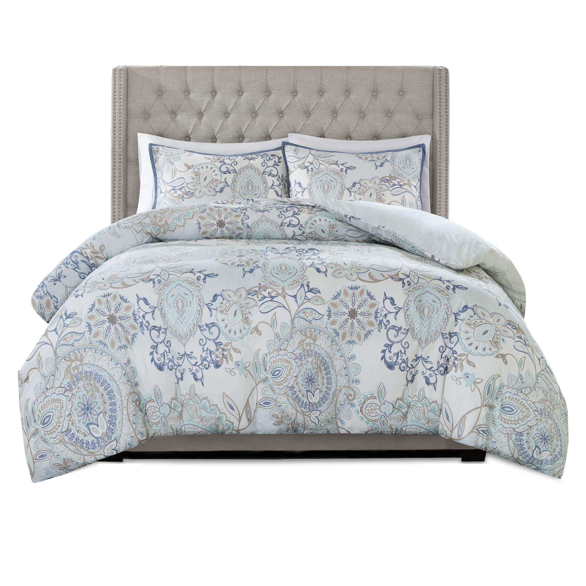 Madison Park Isla Reversible Cotton Duvet - Casual Medallion Floral to Damask Print Reverse, All Season Comforter Cover Bedding Set with Matching Shams, Blue King/Cal King(104"x92") 3 Piece