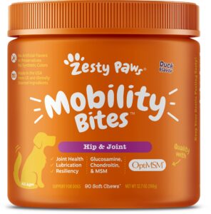 mobility bites for dogs, hip and joint, all ages, duck, 90 soft chews, 12.7 oz (360 g), zesty paws discontinued listing do not buy