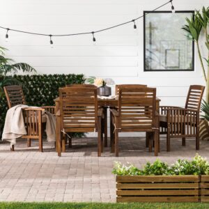 Walker Edison Rendezvous Modern 7 Piece Solid Acacia Wood Outdoor Dining Set, Set of 7, Dark Brown