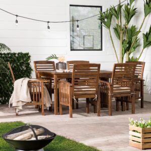 Walker Edison Rendezvous Modern 7 Piece Solid Acacia Wood Outdoor Dining Set, Set of 7, Dark Brown