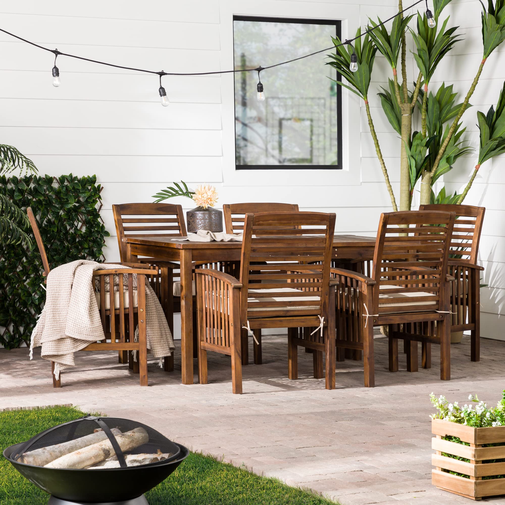 Walker Edison Rendezvous Modern 7 Piece Solid Acacia Wood Outdoor Dining Set, Set of 7, Dark Brown