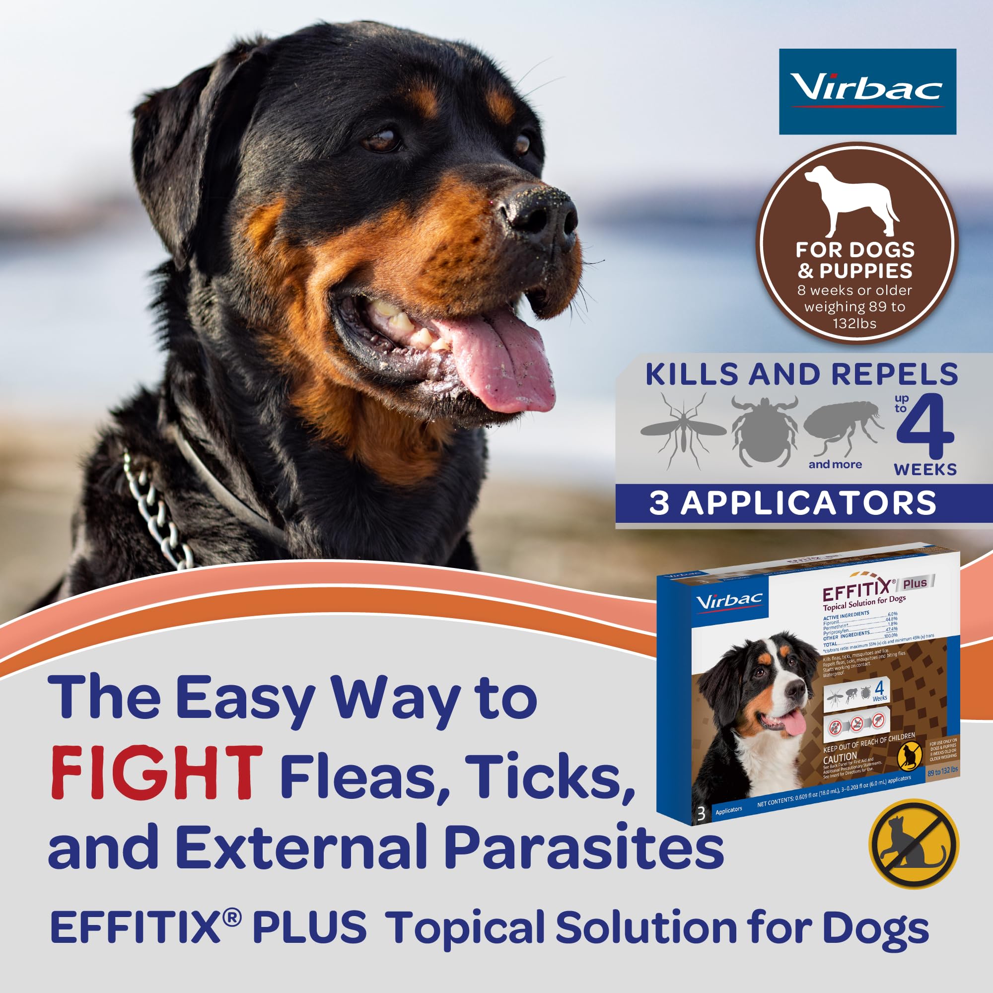 Effitix Plus Topical Solution for Dogs - for Dog Flea and Tick for X-Large Dogs (89-132lbs), 3 Doses, Waterproof Topical Prevention (by Virbac)