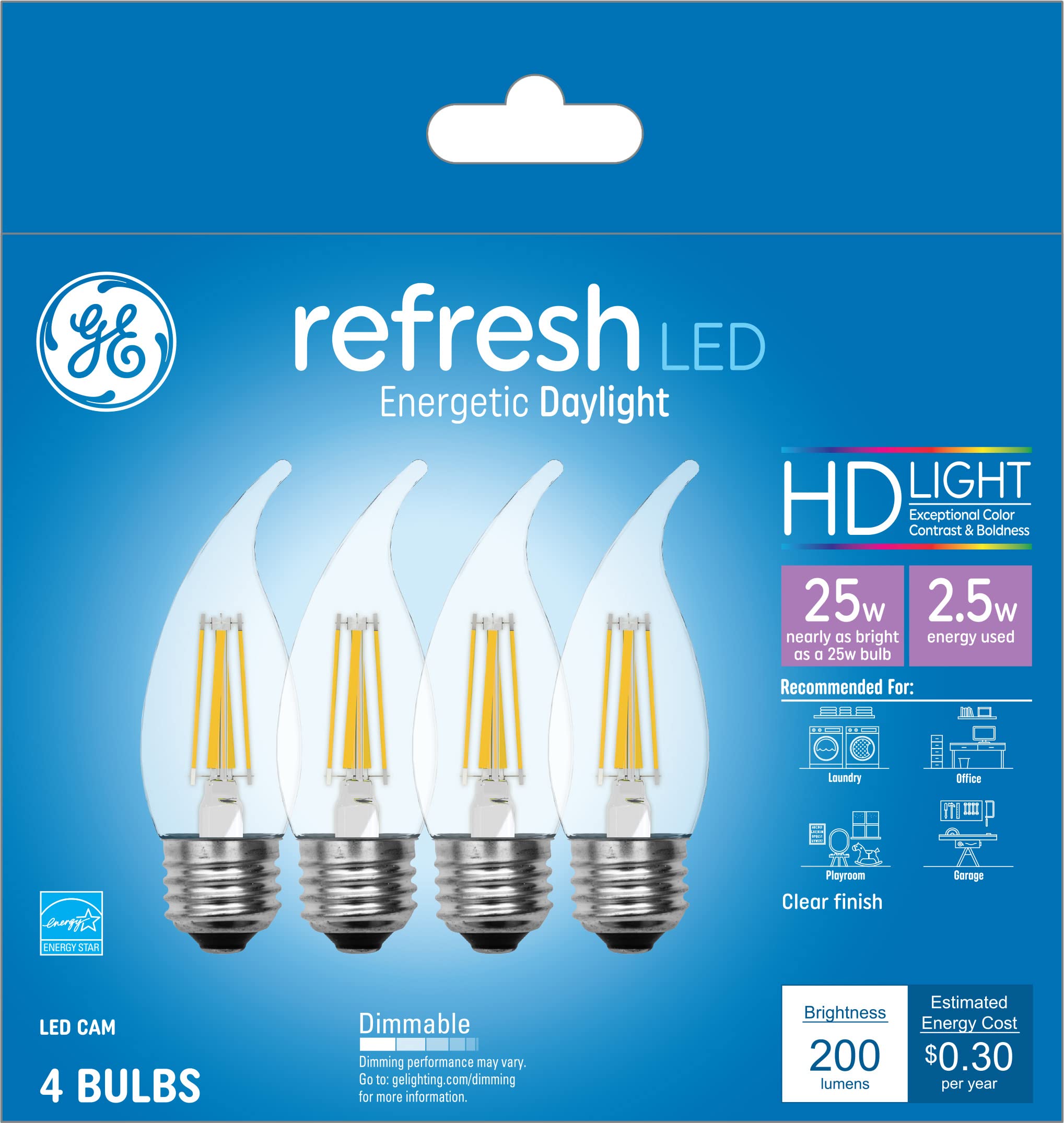 GE Lighting 45576 Relax HD LED (25-Watt Replacement) 200-Lumen Candle Bulb with Medium Base, Soft White Clear, 4-Pack, 4 Piece