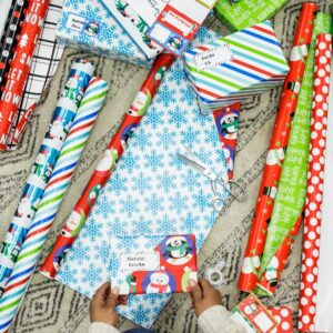 American Greetings 225 sq. ft. Christmas Wrapping Paper Set with Cut Lines, Santa, Stripes, Reindeer, Polka Dots and Snowmen (9 Rolls 30 in. x 10 ft., 60 Gift Tags)