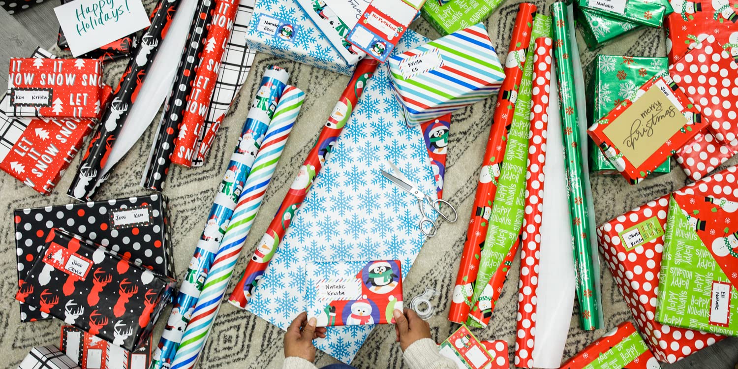 American Greetings 225 sq. ft. Christmas Wrapping Paper Set with Cut Lines, Santa, Stripes, Reindeer, Polka Dots and Snowmen (9 Rolls 30 in. x 10 ft., 60 Gift Tags)