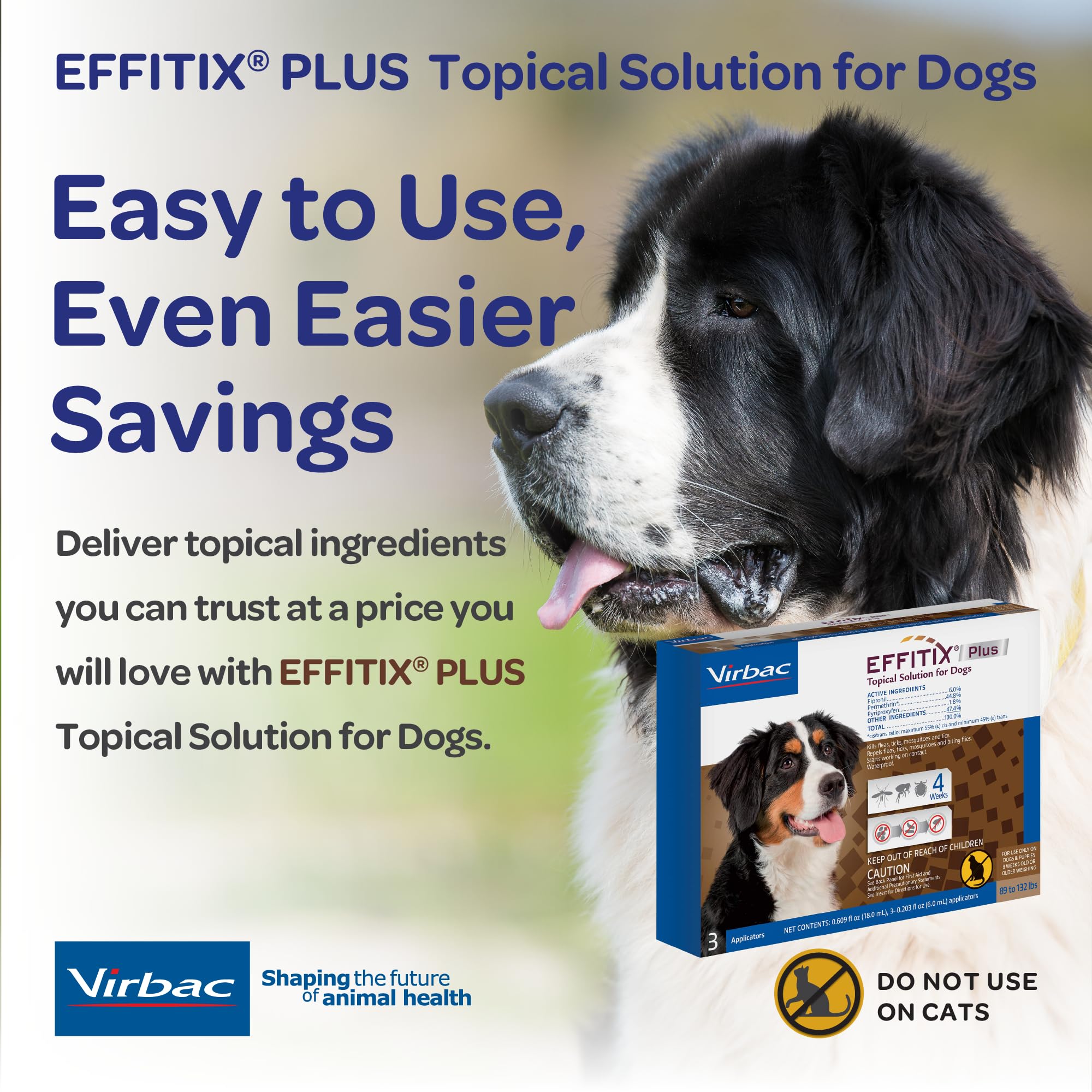 Effitix Plus Topical Solution for Dogs - for Dog Flea and Tick for X-Large Dogs (89-132lbs), 3 Doses, Waterproof Topical Prevention (by Virbac)