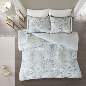 Madison Park Isla Reversible Cotton Duvet - Casual Medallion Floral to Damask Print Reverse, All Season Comforter Cover Bedding Set with Matching Shams, Blue King/Cal King(104"x92") 3 Piece