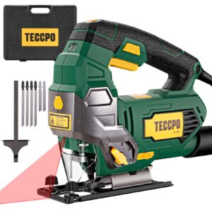 jigsaw, teccpo 6.5 amp 3000 spm jig saw with laser, 6 variable speed, 6 blades, ±45° bevel cutting, 4 orbital settings, pure copper motor, with carrying case - tajs01p