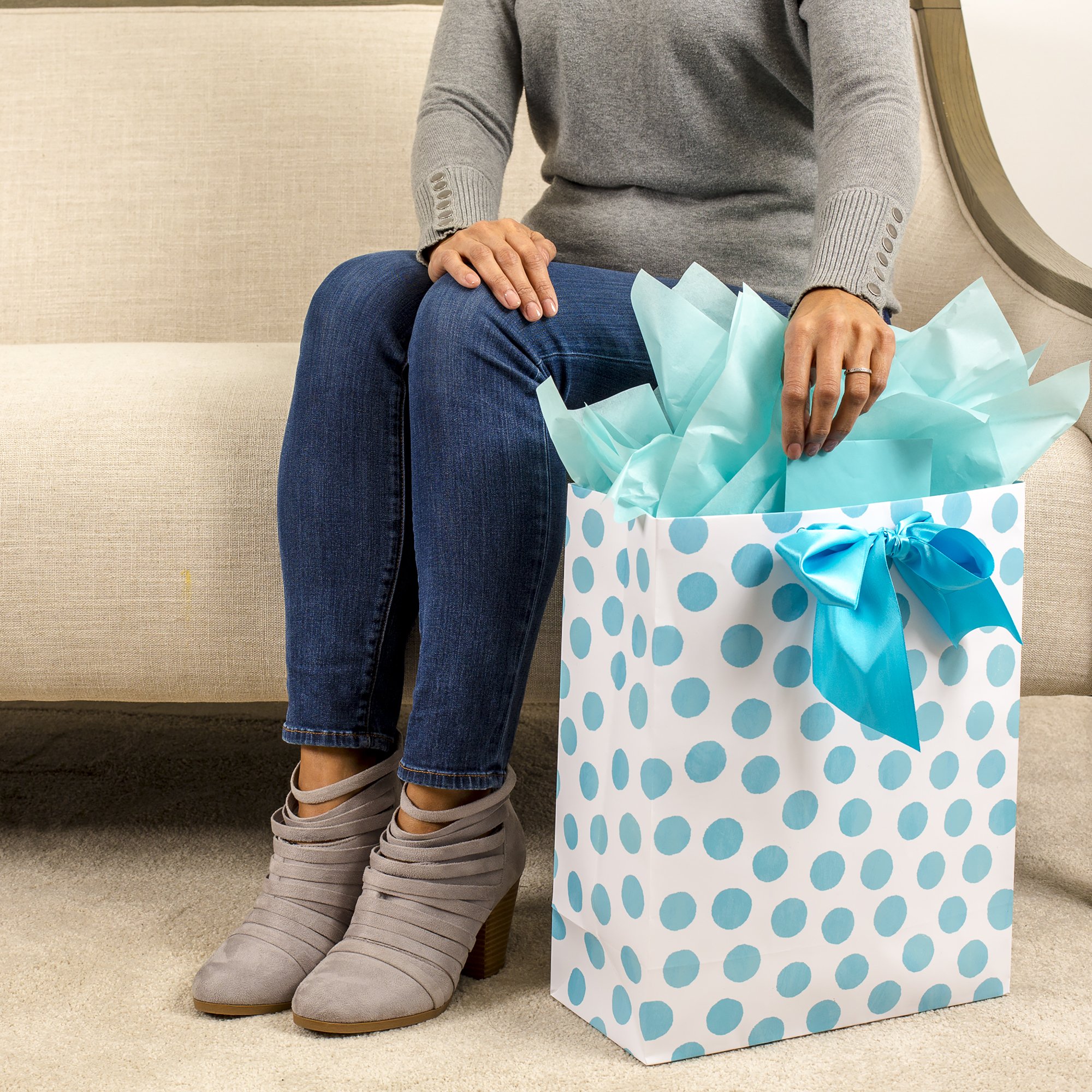 Hallmark 15" Extra Large Gift Bag with Tissue Paper - Blue Polka Dots and Bow for Baby Showers, Birthdays, Bridal Showers and More