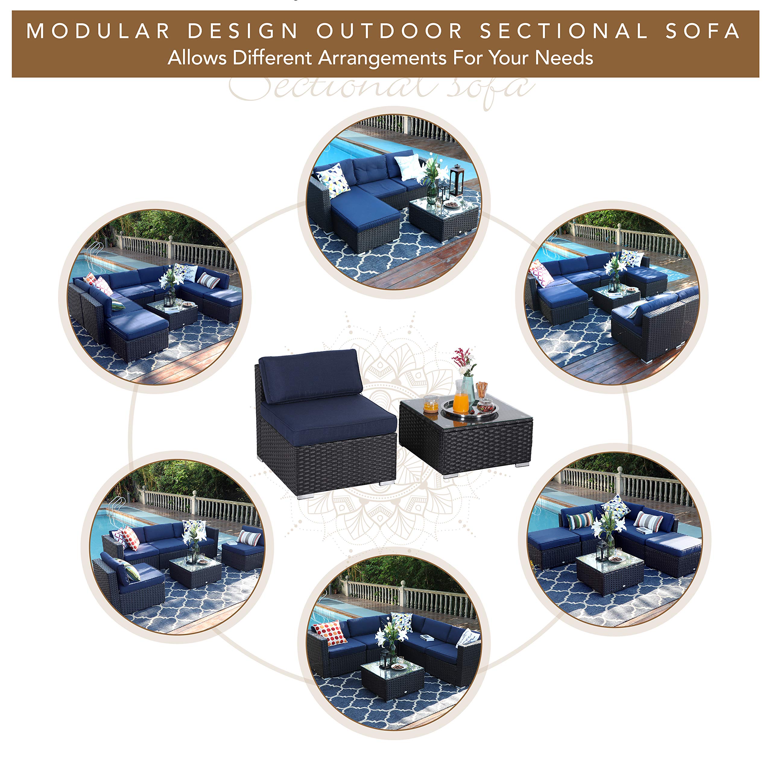 PHI VILLA 2 Piece Outdoor Patio Furniture Set, All Weather Wicker Sectional Sofa Set with Armless Chairs and Glass Table (Blue)