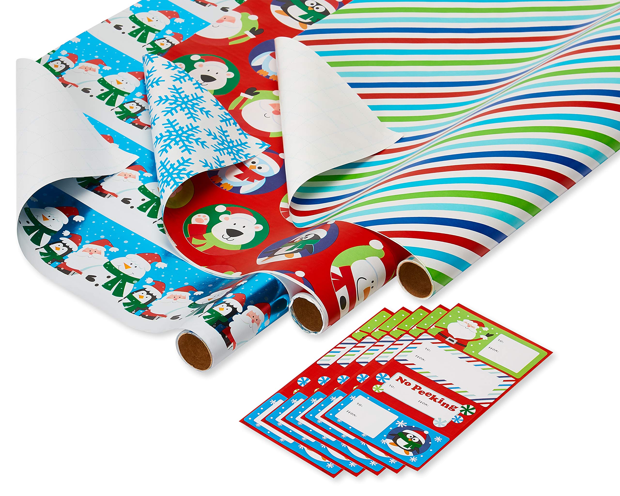 American Greetings 225 sq. ft. Christmas Wrapping Paper Set with Cut Lines, Santa, Stripes, Reindeer, Polka Dots and Snowmen (9 Rolls 30 in. x 10 ft., 60 Gift Tags)