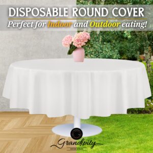 Grandipity Brand Round White Plastic 84" Disposable Tablecloth (12 Pack), Party & Event Decorative Cover