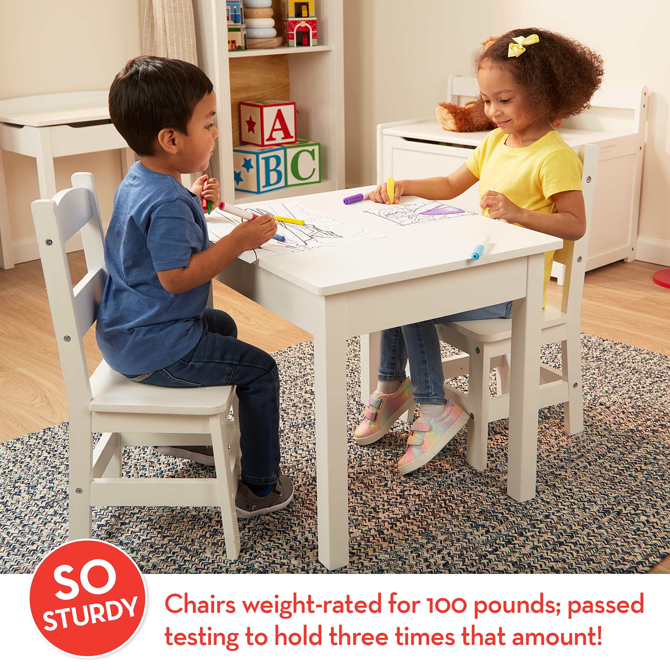 Melissa & Doug Toddler-Sized Kids White Wooden Furniture - Table and 4 Chairs