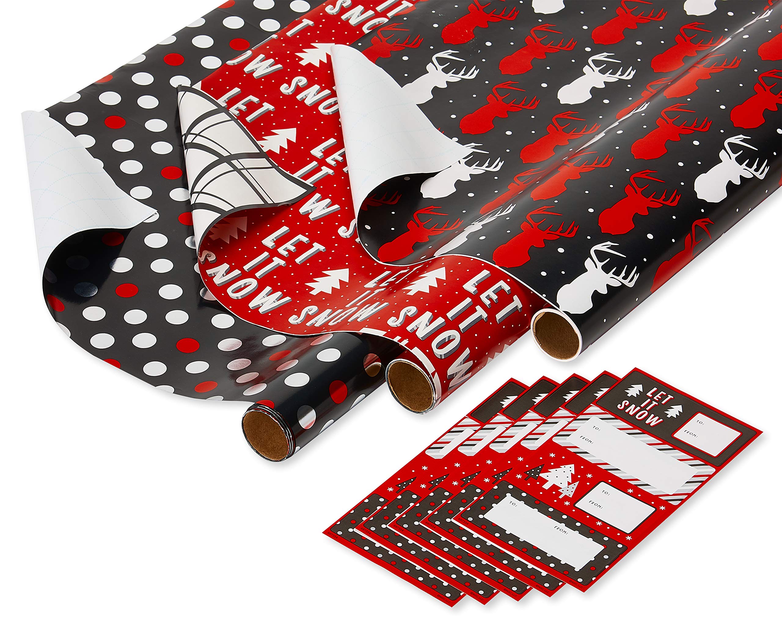 American Greetings 225 sq. ft. Christmas Wrapping Paper Set with Cut Lines, Santa, Stripes, Reindeer, Polka Dots and Snowmen (9 Rolls 30 in. x 10 ft., 60 Gift Tags)