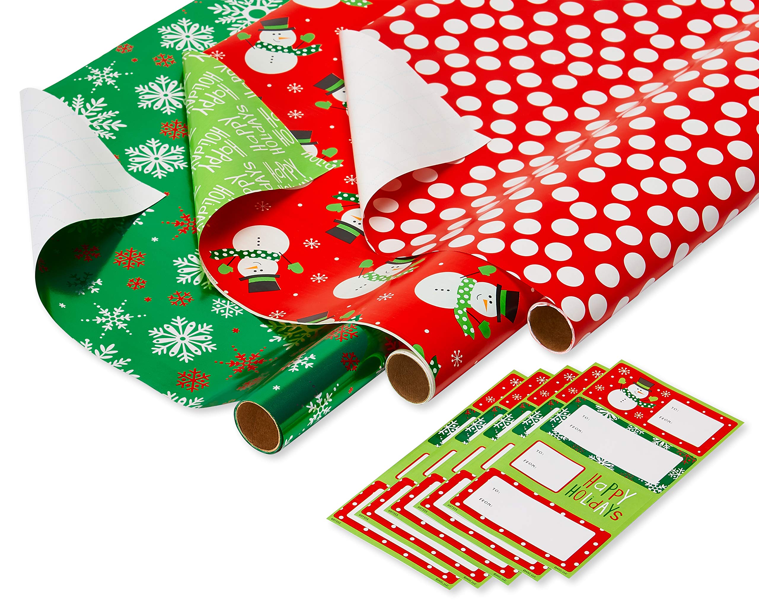 American Greetings 225 sq. ft. Christmas Wrapping Paper Set with Cut Lines, Santa, Stripes, Reindeer, Polka Dots and Snowmen (9 Rolls 30 in. x 10 ft., 60 Gift Tags)