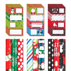 american greetings 225 sq. ft. christmas wrapping paper set with cut lines, santa, stripes, reindeer, polka dots and snowmen (9 rolls 30 in. x 10 ft., 60 gift tags)